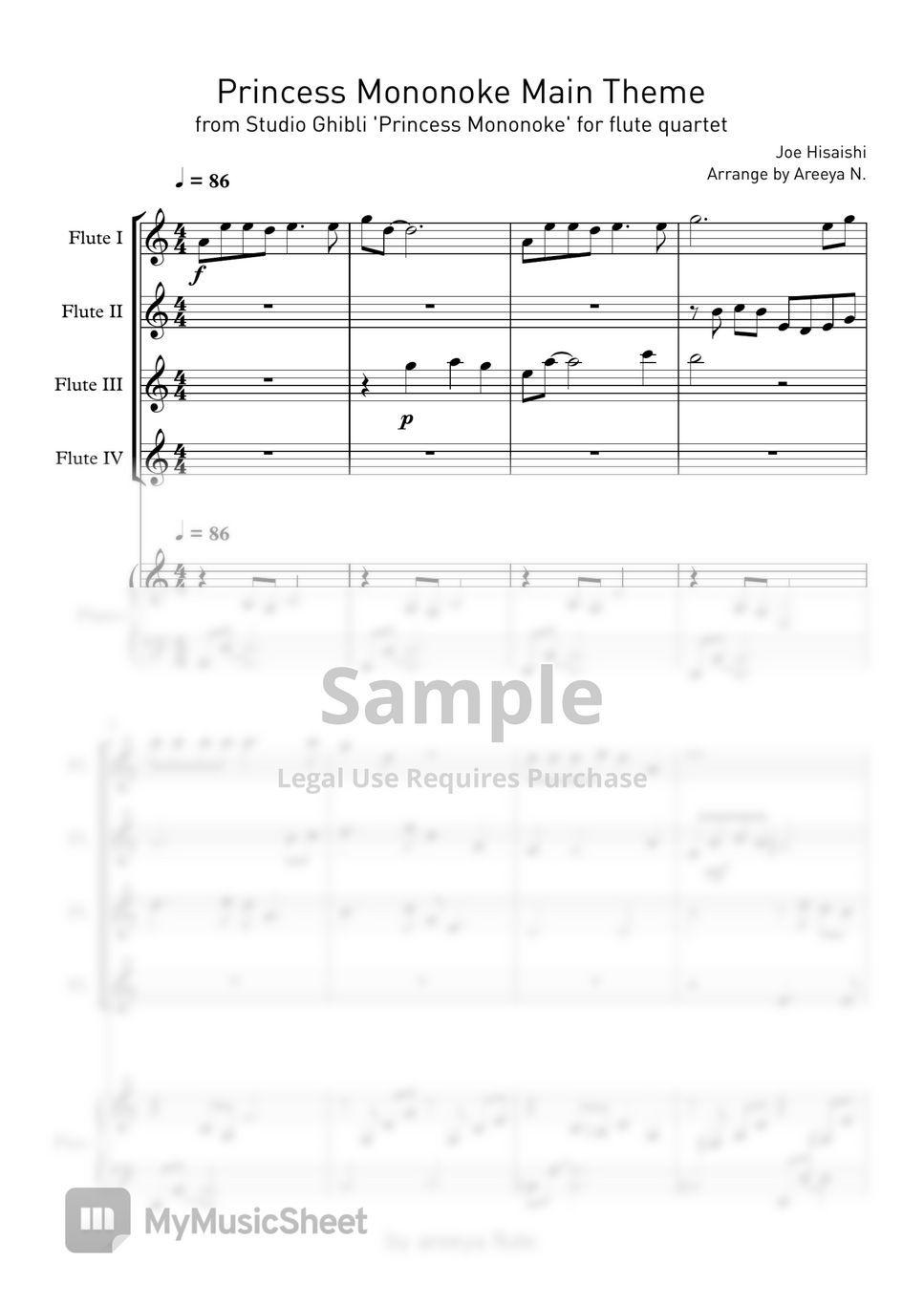 Joe Hisaishi - Princess Mononoke Main Theme (for 4 flutes) Sheet Music ...