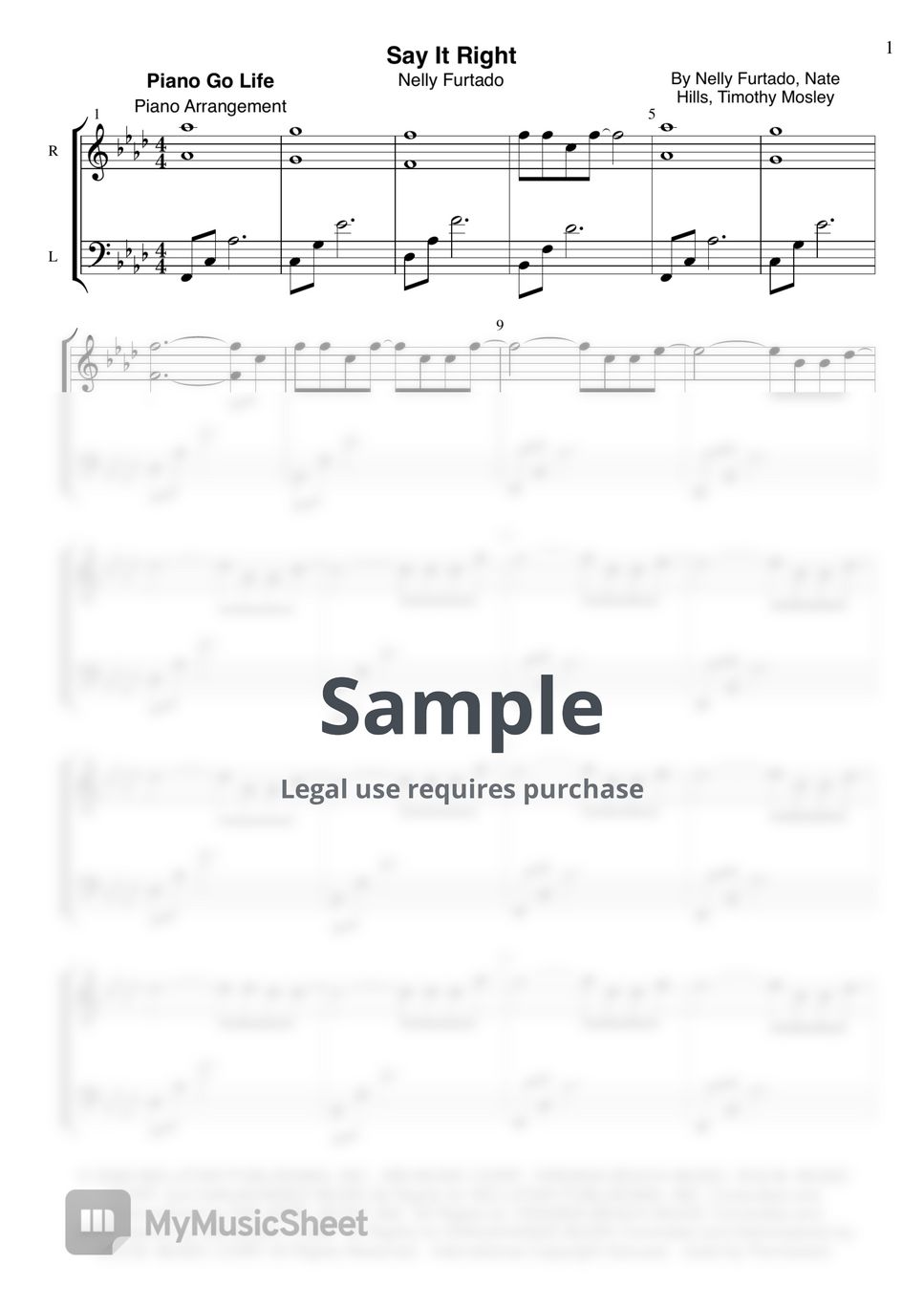 Nelly Furtado - Say It Right Sheet Music by Piano Go Life