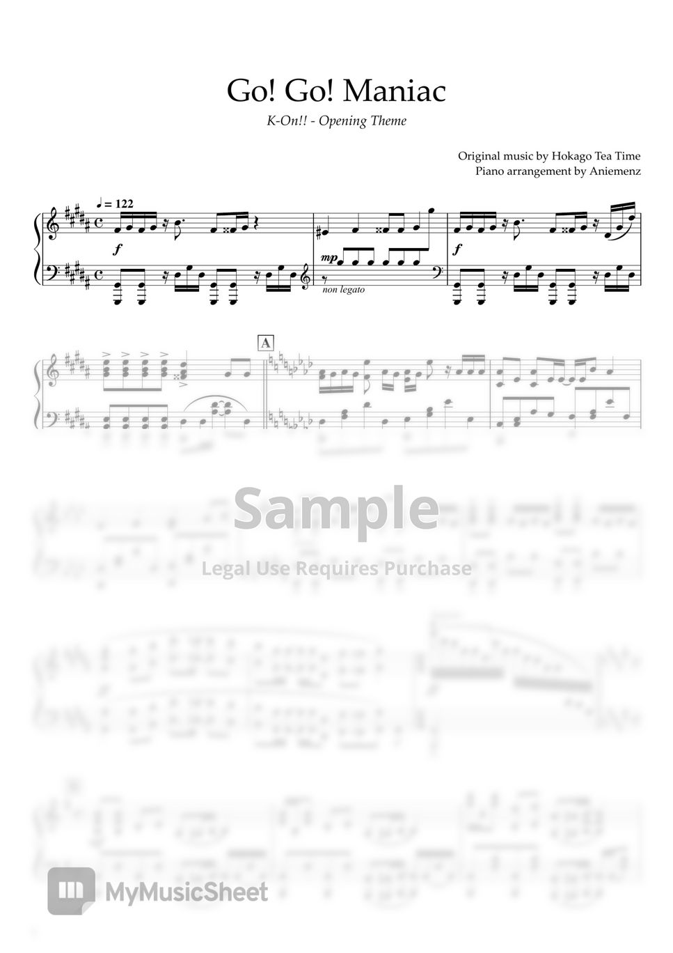 Animenz - Go！GO！Maniac (K-On!! - Opening Theme) 楽譜 by Animenz