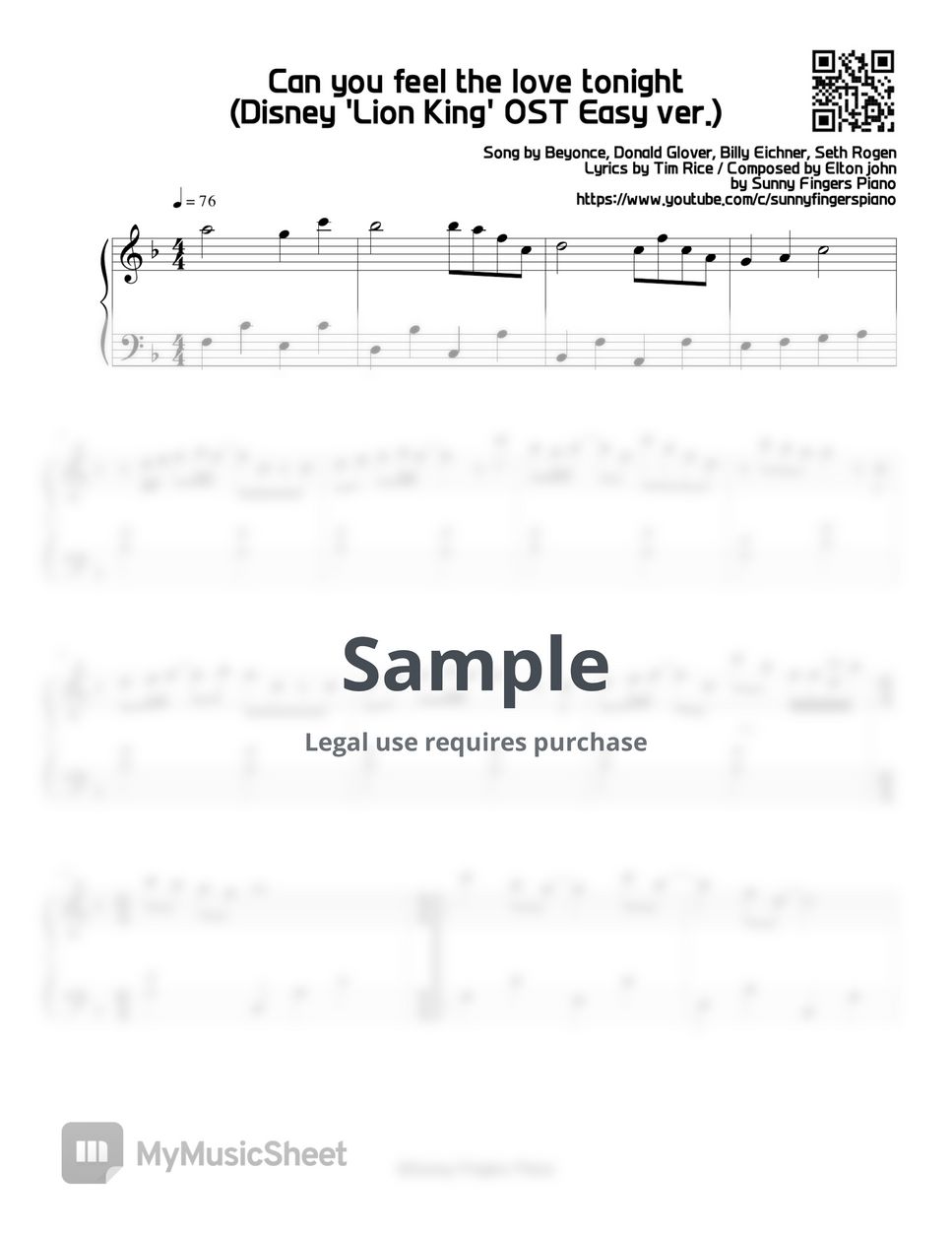 Disney 'Lion King' OST - Can you feel the love tonight (Easy) 악보 by ...