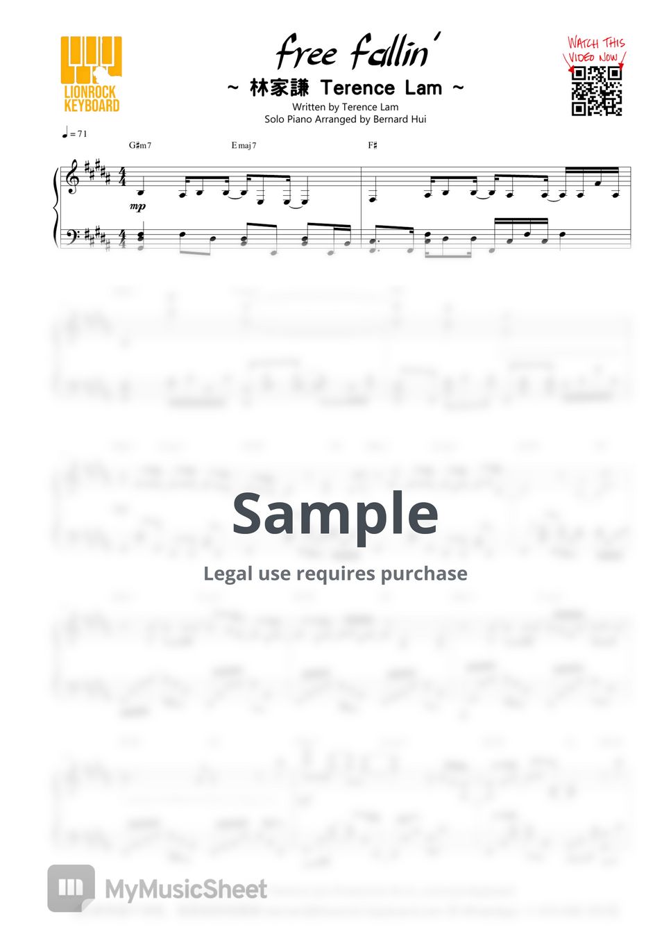 林家謙 Terence Lam - free fallin' (神還原) Sheets by Bernard Hui