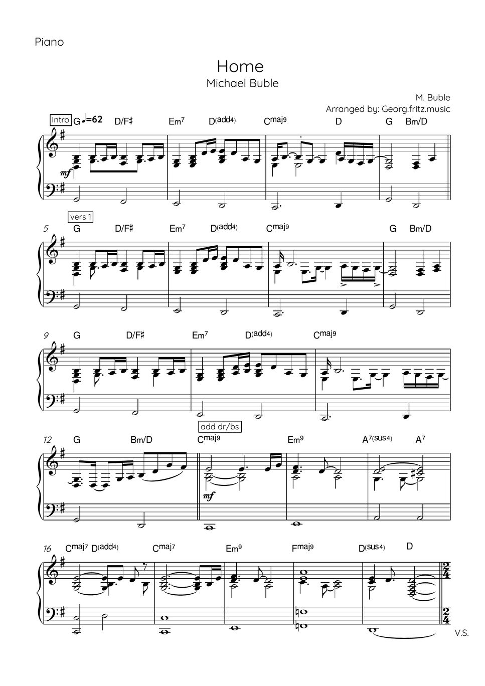 Michael Buble - Home (Piano & Vocal) Sheet by Georg.Fritz.Music