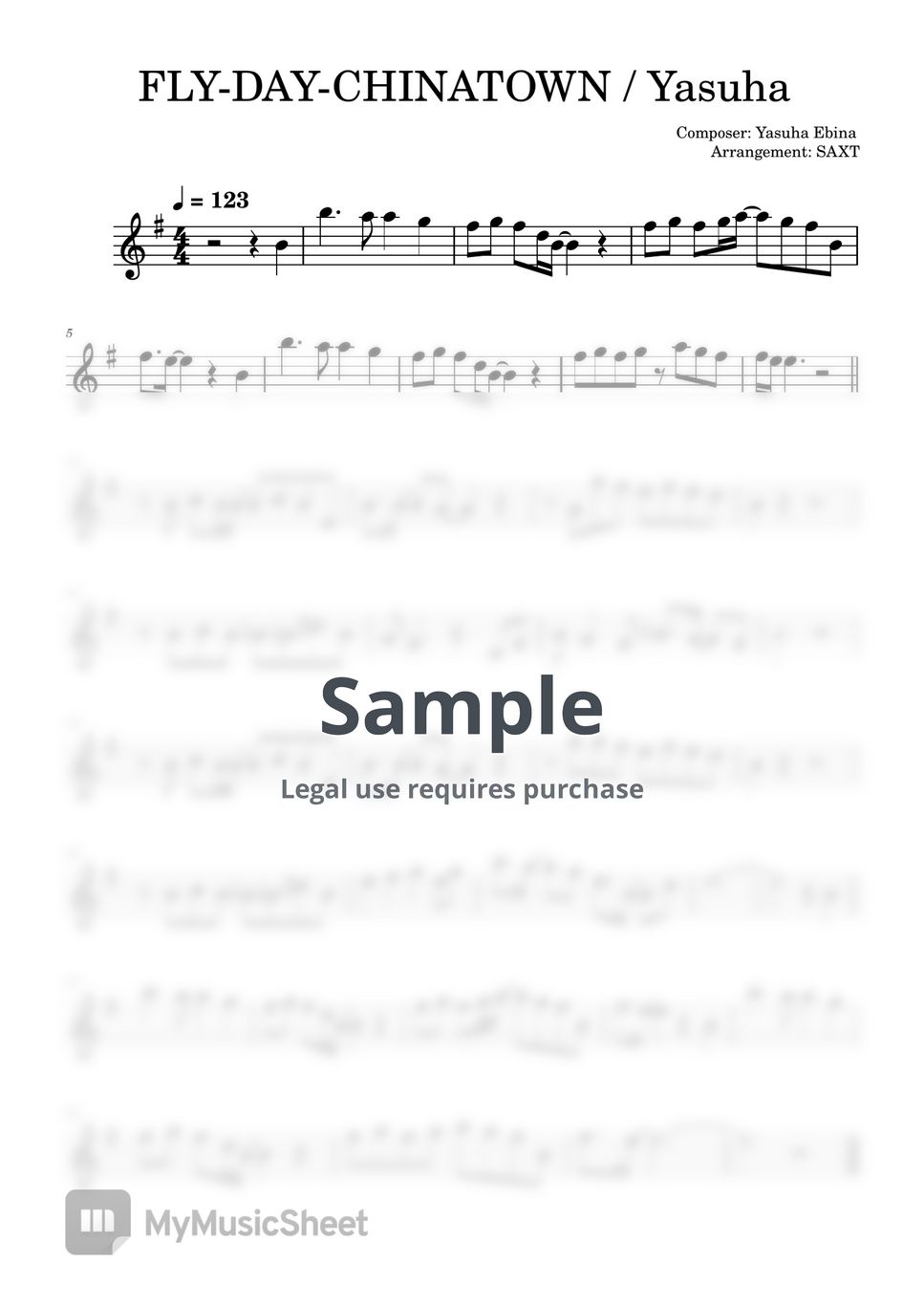 Yasuha - FLY-DAY-CHINATOWN (Easy sheet music) Sheet Music by SAXT