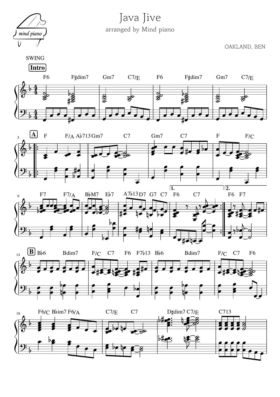 OAKLAND BEN - Java Jive (for solo piano) Sheet by MindPiano