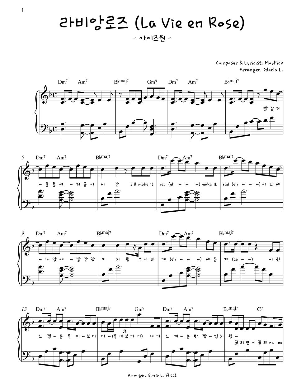 IZ*ONE (아이즈원) - 라비앙로즈 (La Vie en Rose) Piano Sheet by. Gloria L. Sheets