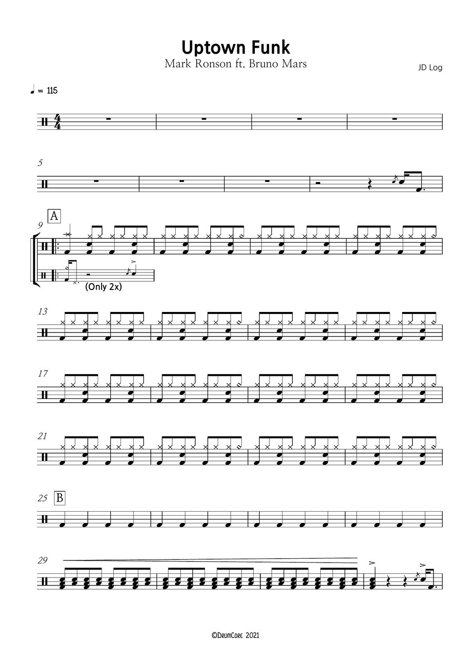 Mark Ronson ft. Bruno Mars - Uptown Funk 楽譜 by DrumCore