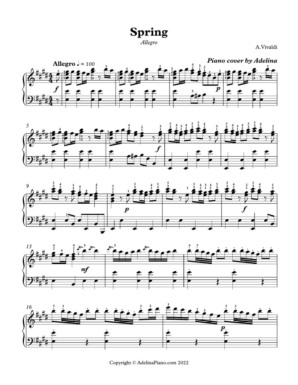 Antonio Vivaldi - Spring(Four Seasons) 악보 by Adelina Piano