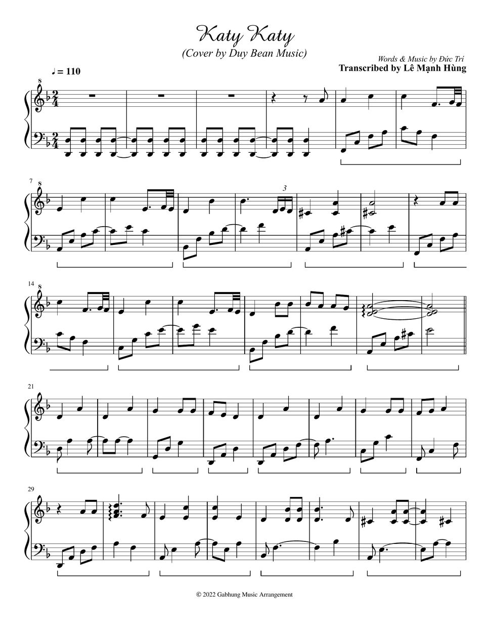 Cover by Duy Bean Music - Katy Katy (Transcribed) نوتة by Le Manh Hung