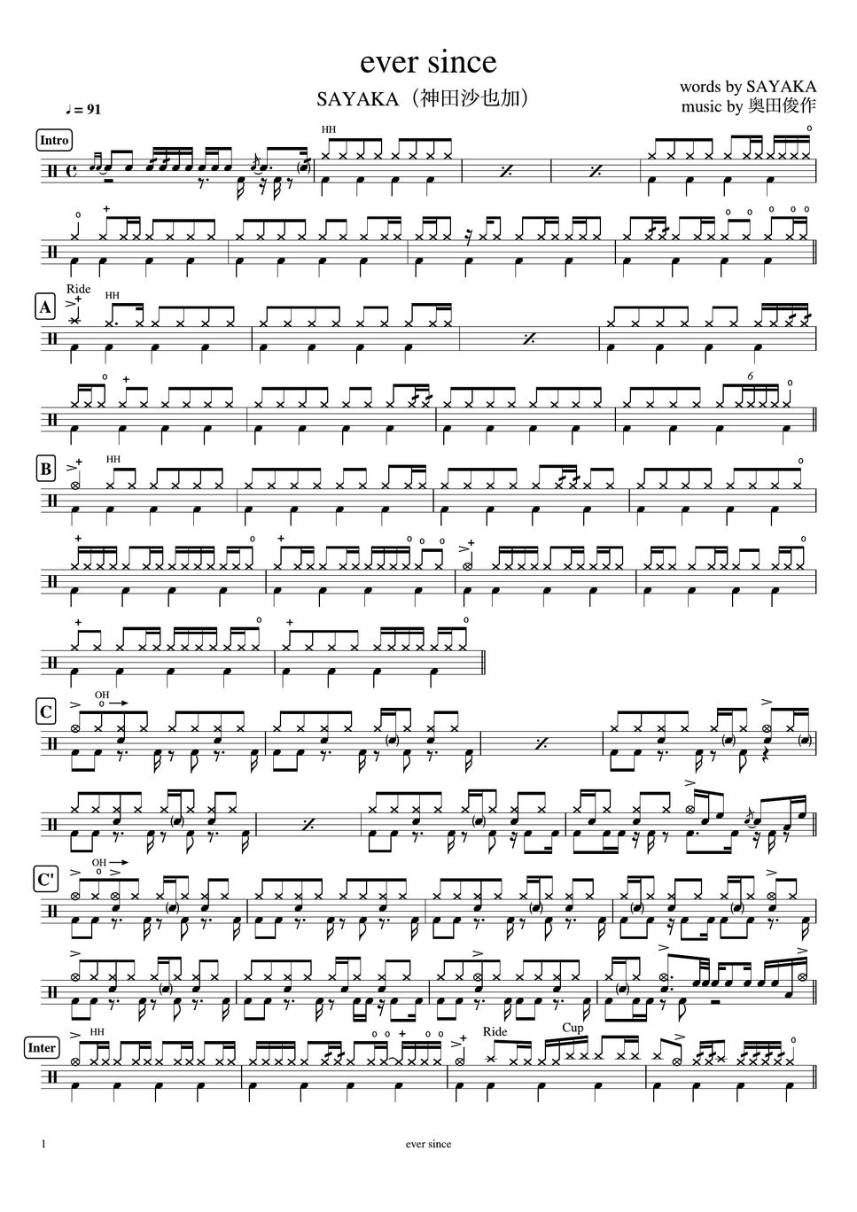 SAYAKA - ever since Sheet by Cookai's J-pop Drum sheet music!!!