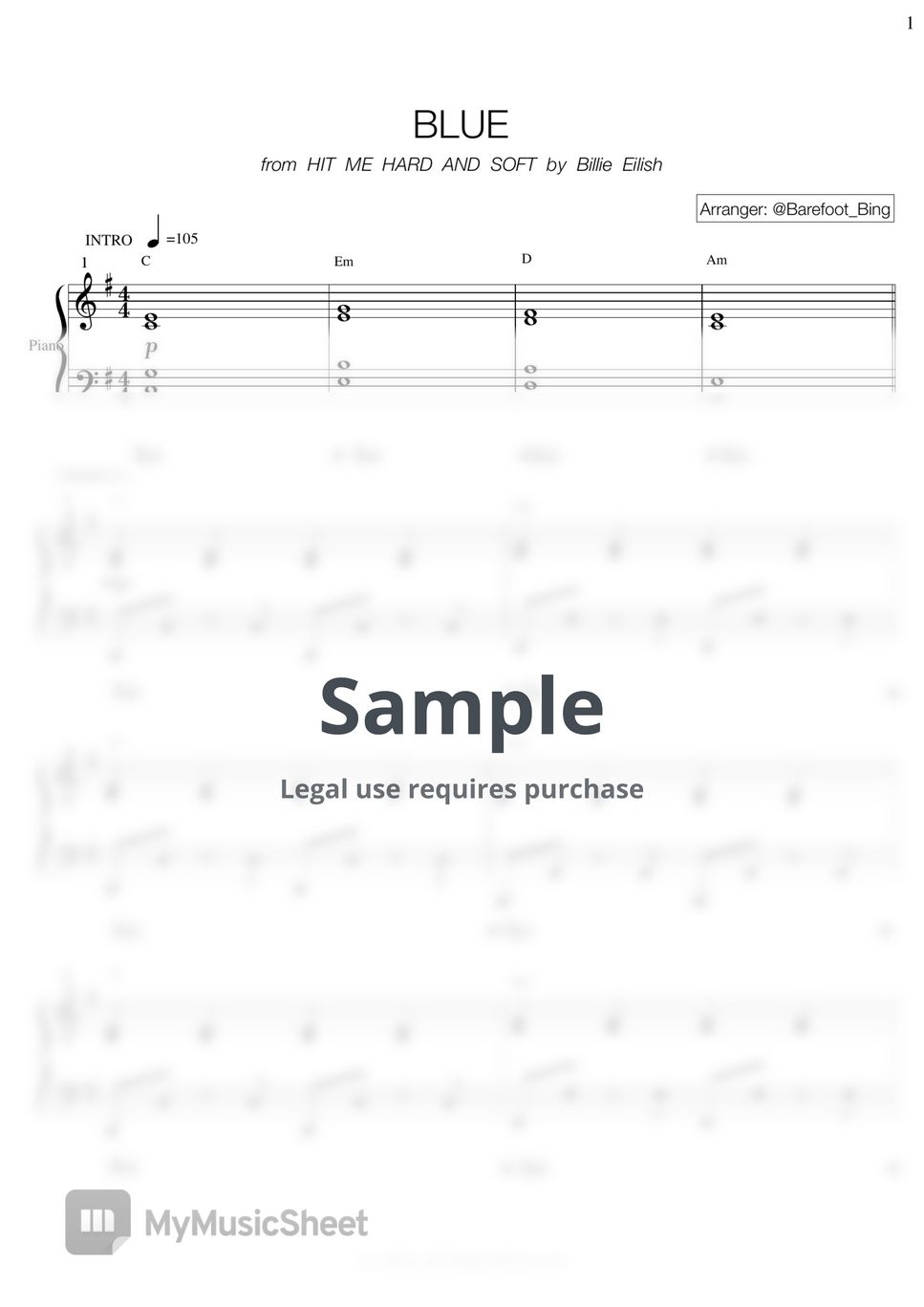 Billie Eilish - BLUE Sheet Music by Barefoot Bing