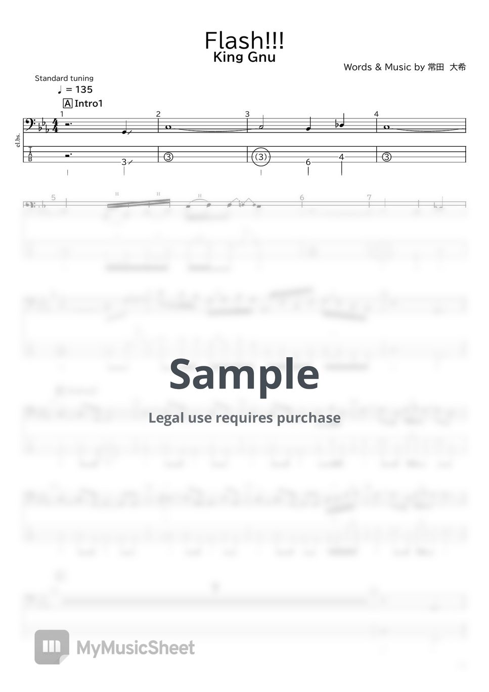King Gnu - Flash!!! Sheet Music by たぶべー@財布に優しいベース楽譜屋さん(BASS・TAB譜)