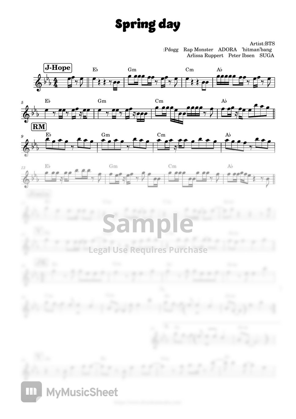 BTS - Spring day (backing track/Key = E♭ Major) Sheets by syzkah