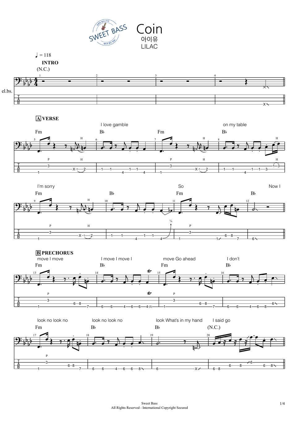 아이유 IU - Coin (Bass) 악보 by Sweet Bass