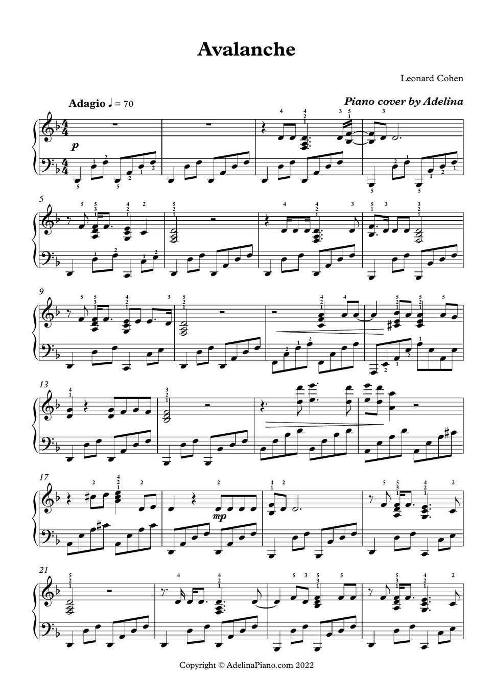 Leonard Cohen - Avalanche Sheet by Adelina Piano