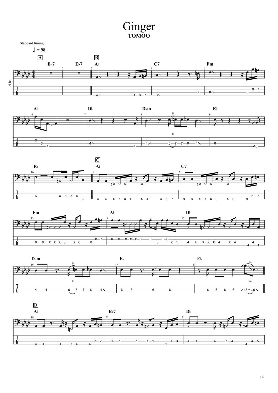 Tomoo - Ginger (Bass TAB) Tab + 1staff by Mars TABs