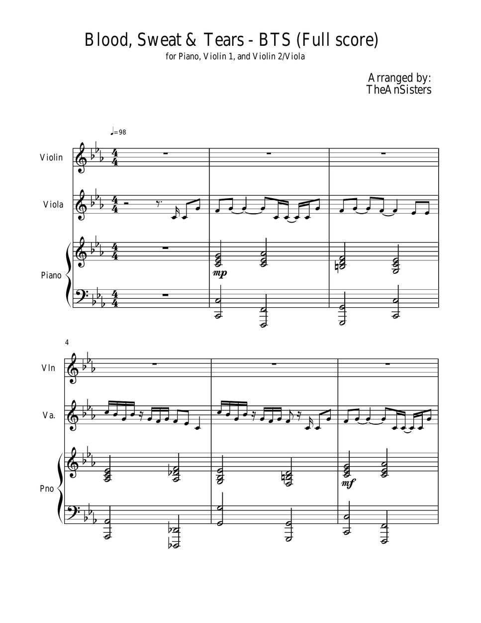 BTS 방탄소년단 - Blood, Sweat & Tears for Piano, Violin1, and Violin 2/or ...