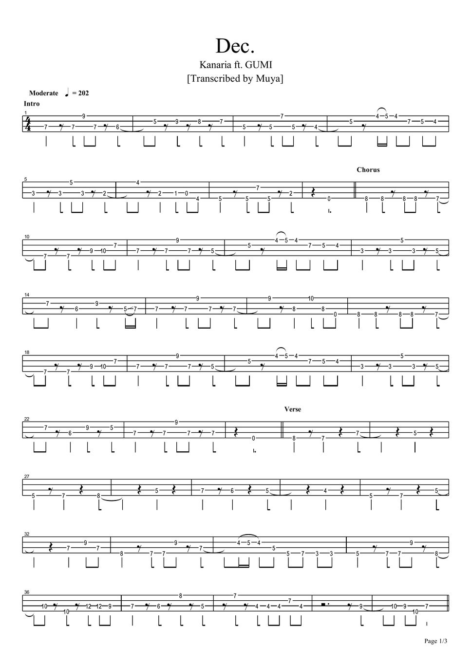 Kanaria - Dec. (Bass TAB) 楽譜 by Muya