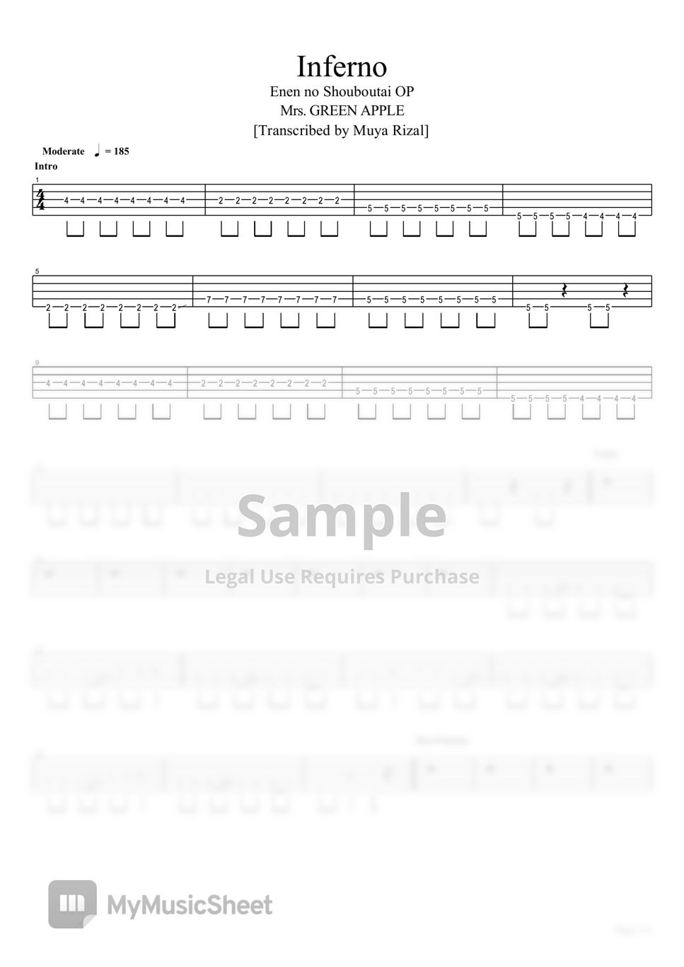 Mrs. GREEN APPLE - Inferno (Bass TAB) Hoja by Muya