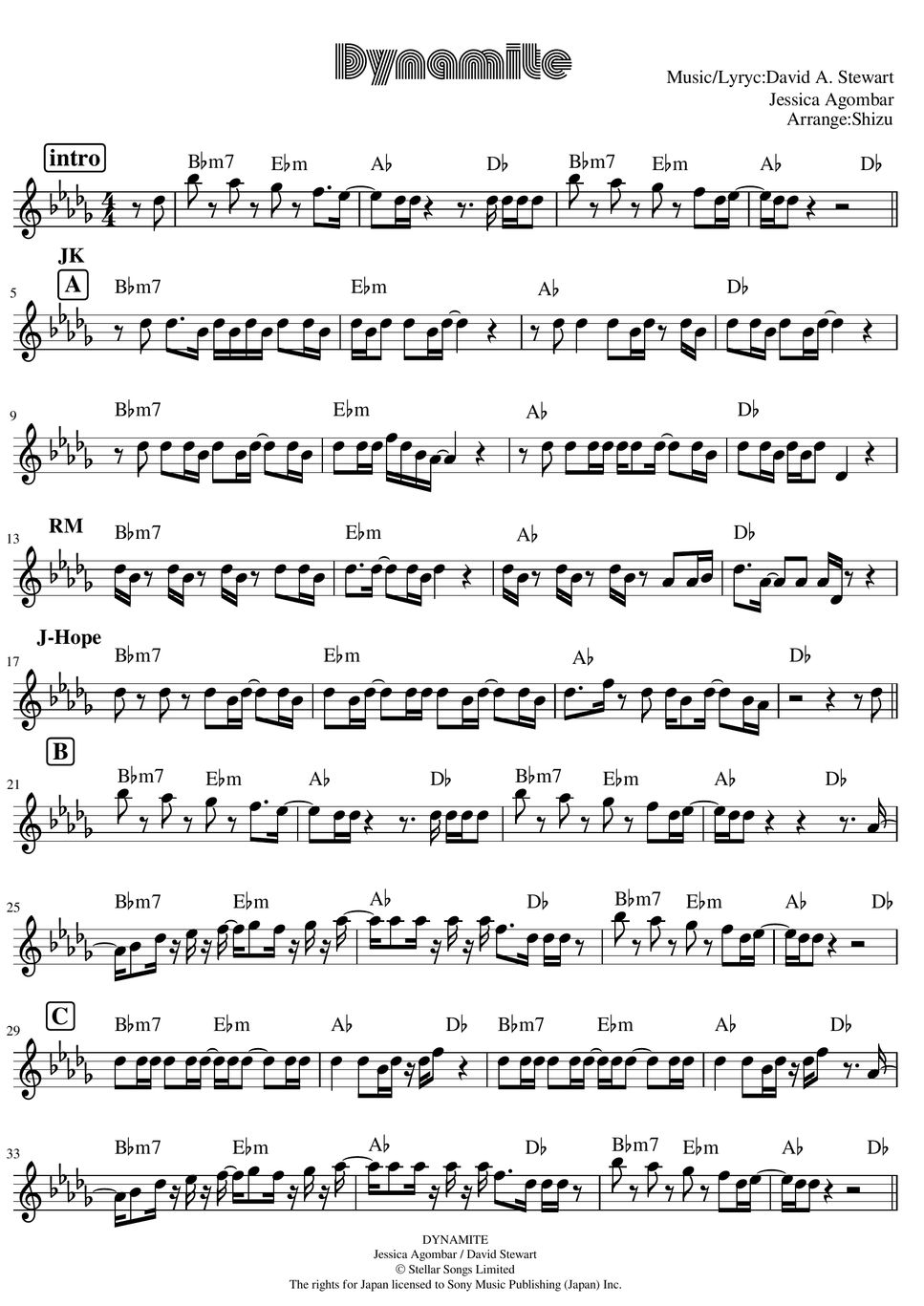 BTS - Dynamite (Alto sax/Key=D♭) Sheet by syzkah