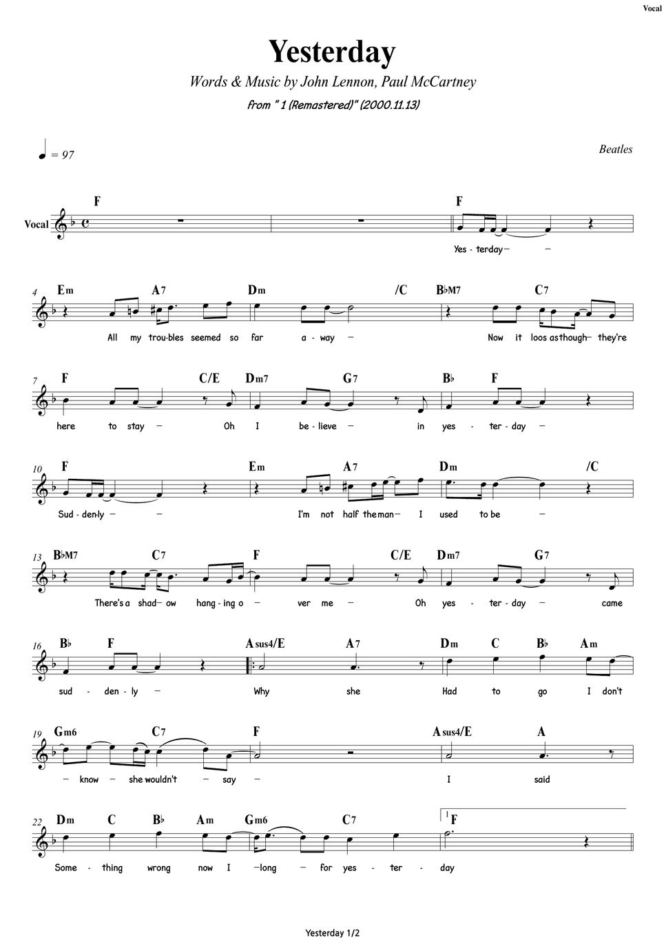 Yesterday - The Beatles 비틀즈 | Vocal 멜로디 악보