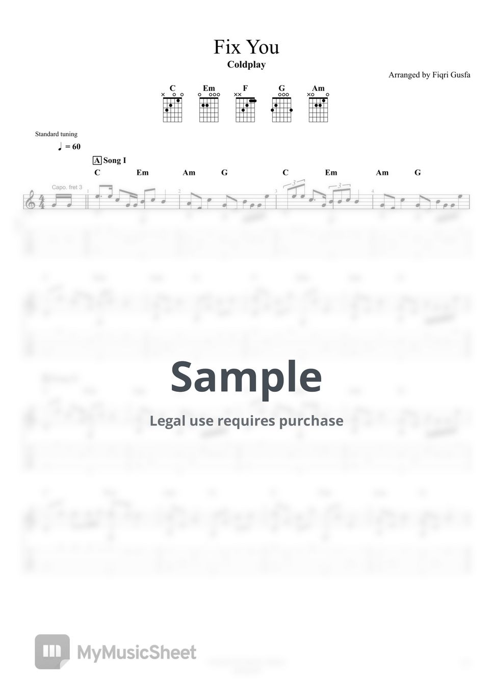 Coldplay - Fix You Tab + 단선 악보 by Fiqri Gusfa