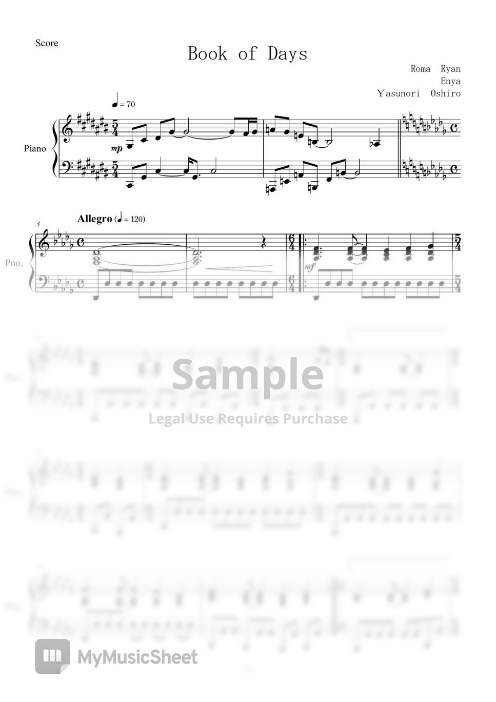 ENYA - BOOK OF DAYS (ピアノ中級) Sheets by Yasunori oshiro