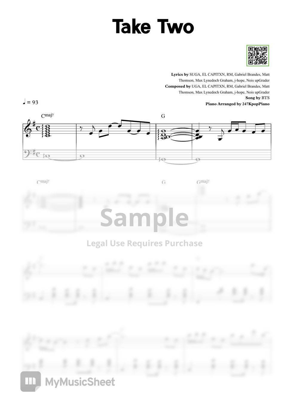 BTS - Take Two 악보 by 247 Kpop Piano