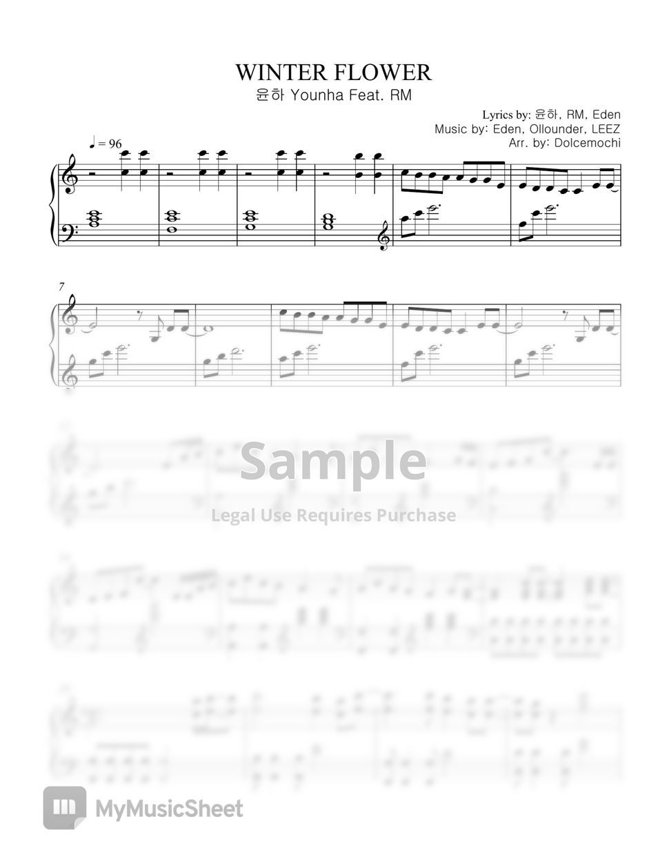 Younha 윤하 Feat. RM - Winter Flower 雪中梅 (PIANO) 악보 by Dolcemochi