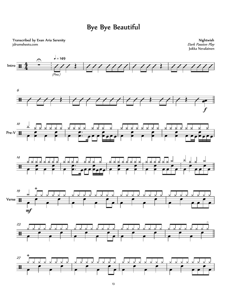 Nightwish - Bye Bye Beautiful 楽譜 by Jaslow Drum Sheets