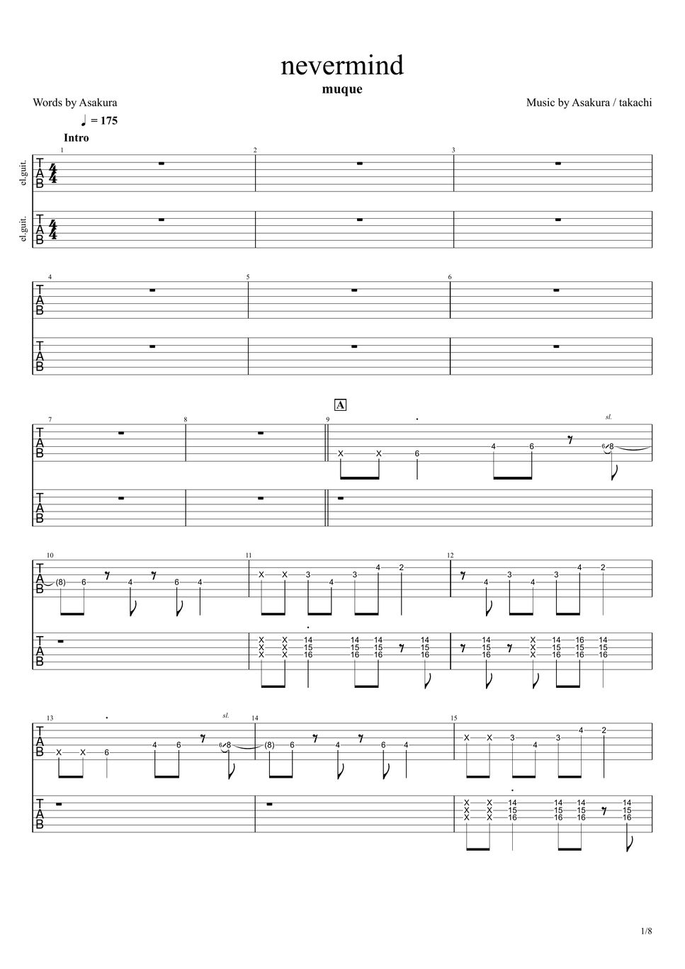 muque - nevermind【E.Guit.TAB】 악보 by mayugezio