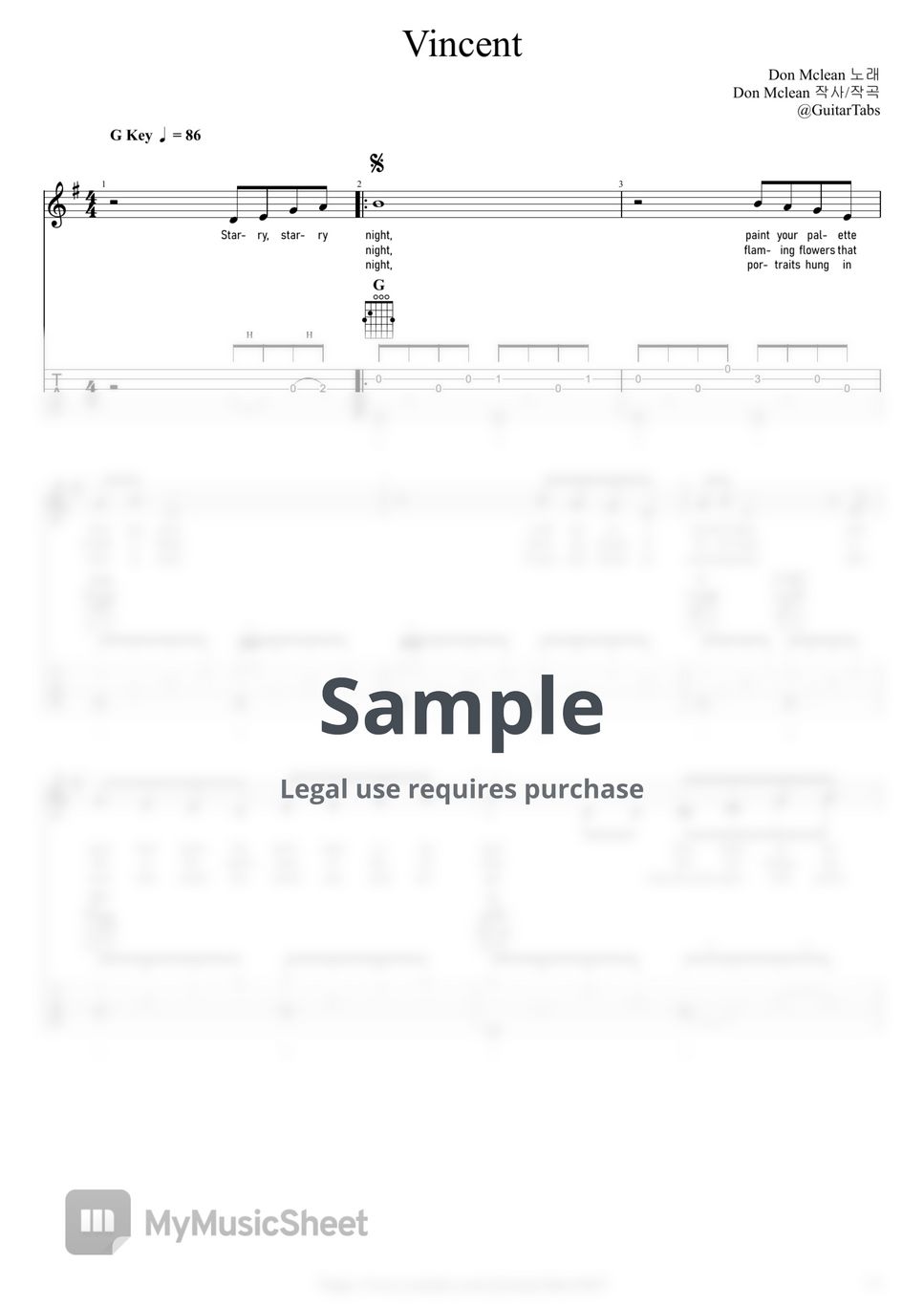 Don Mclean - Vincent (C Key / Easy TAB / Lyrics) Sheets by 624 TABs