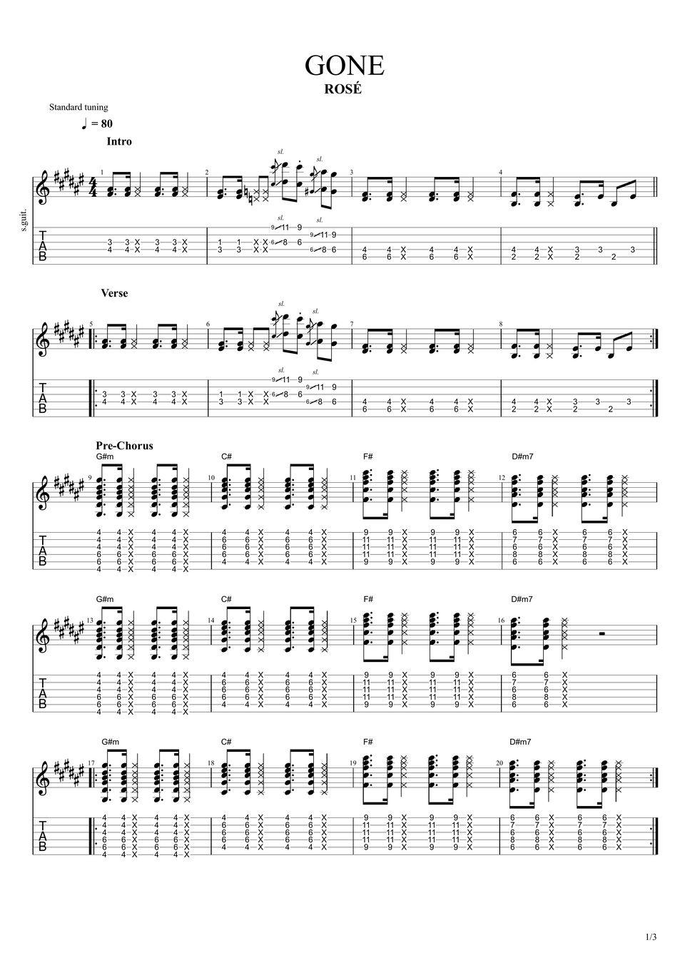 ROSÉ - Gone Sheets by toguitartab