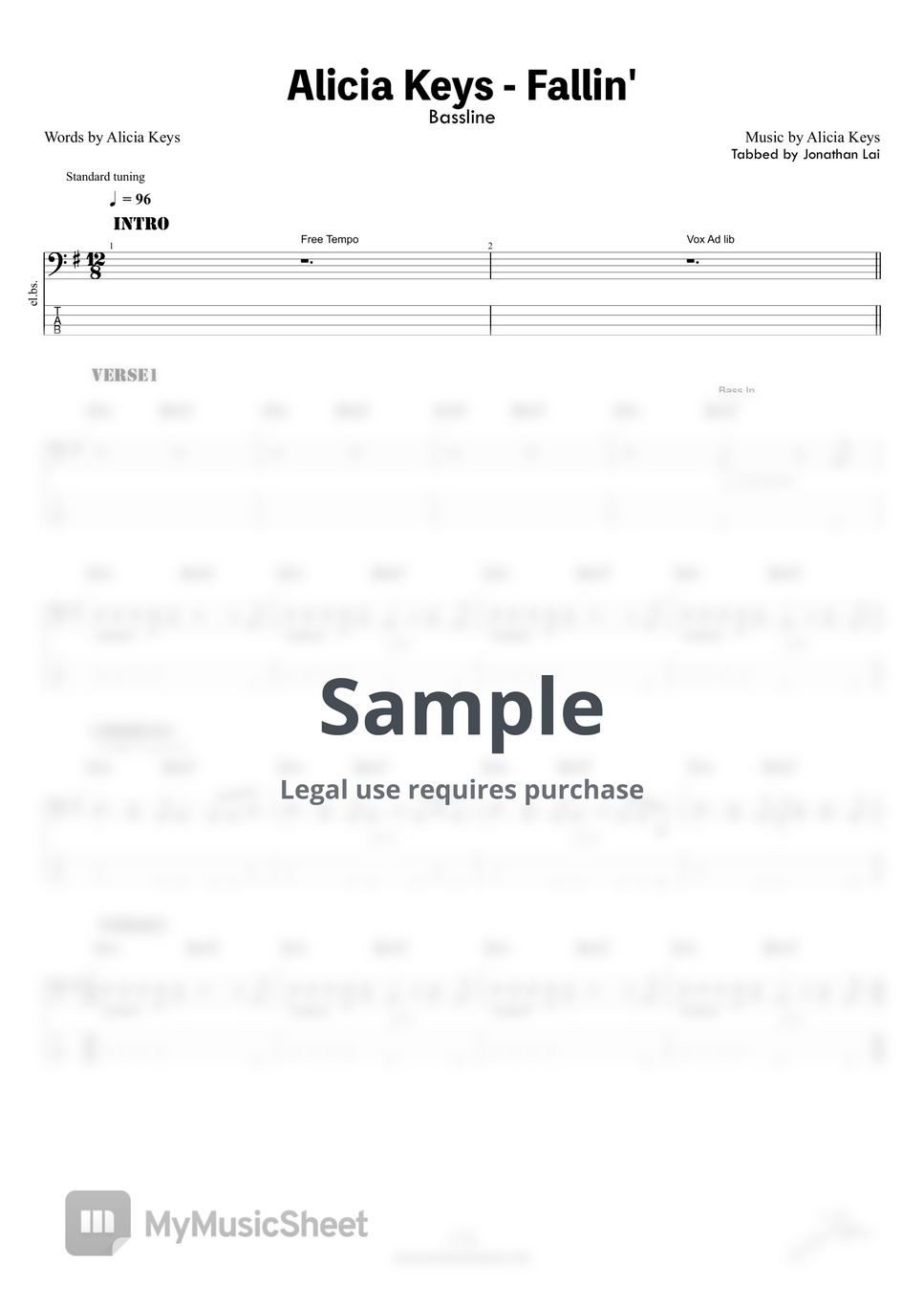 Alicia Keys - Fallin' (Bass Guitar Score) 악보 by Jonathan Lai