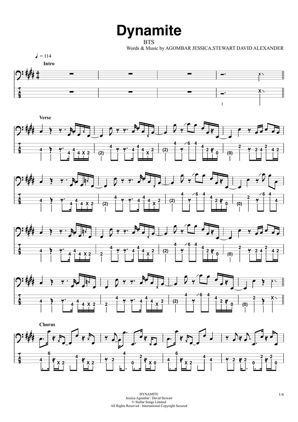 防弾少年団(BTS) - Dynamite (ベースTAB譜 / 4弦ベース対応) タブ + 五線譜 by swbass