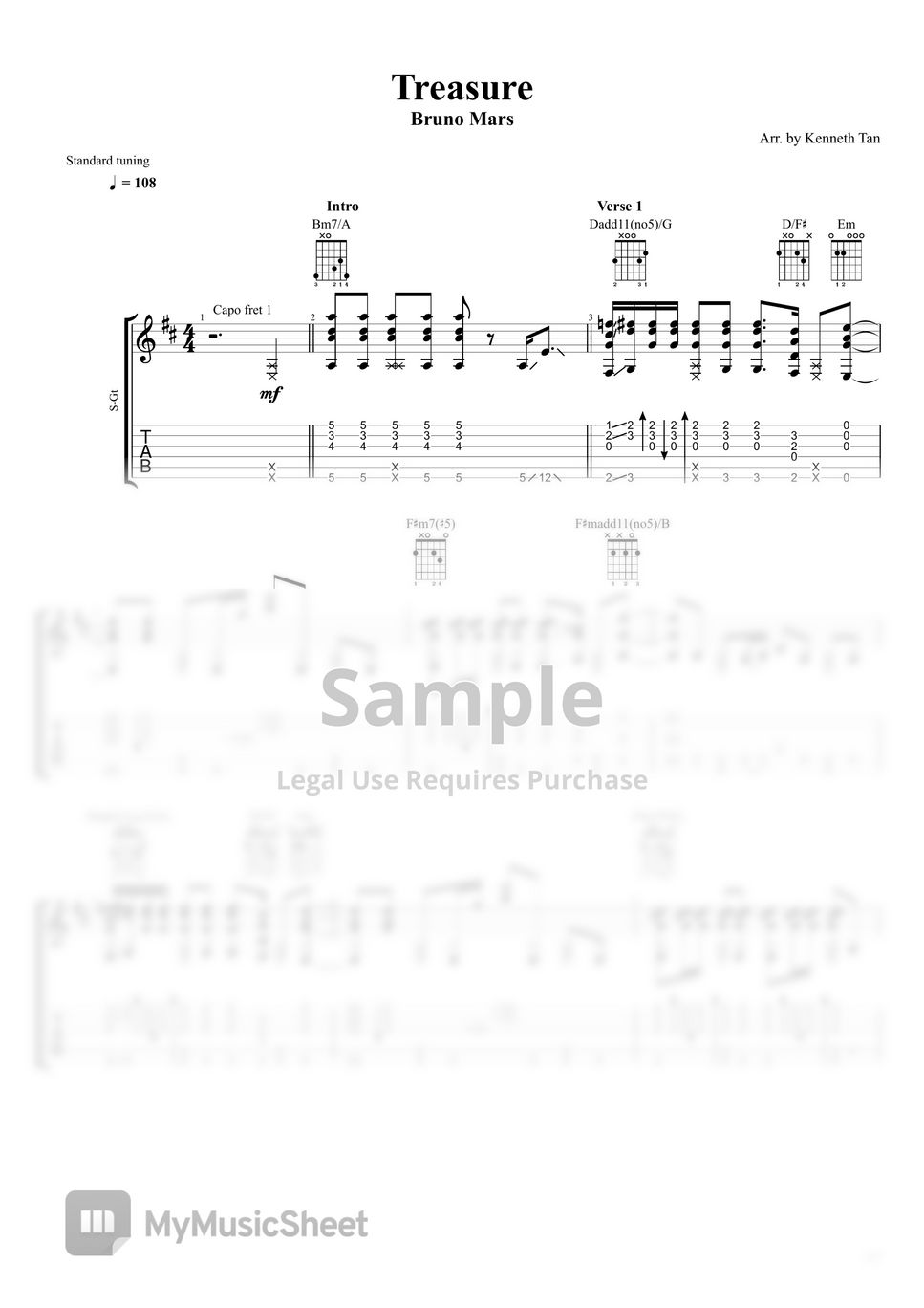 Bruno Mars | Fingerstyle Guitar - Treasure Partitura by Kenneth Acoustic