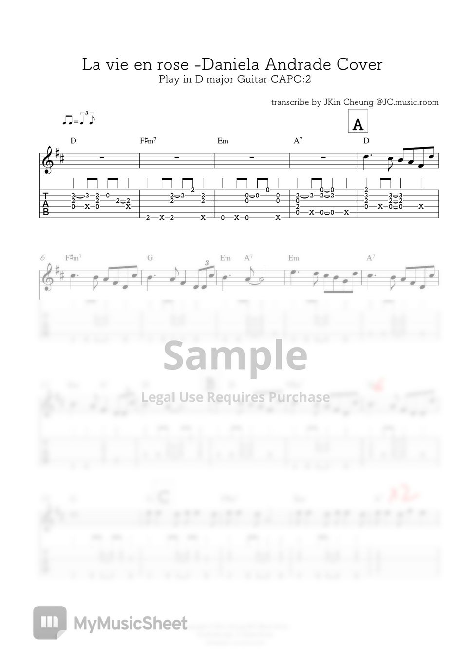 Daniela Andrade - La Vie En Rose (Guitar part) Tab + 단선 악보 by JKin Cheung@JC.music.room