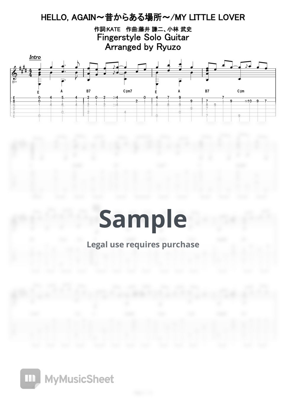 MY LITTLE LOVER - Hello,Again Tab + 단선 악보 by 龍藏Ryuzo