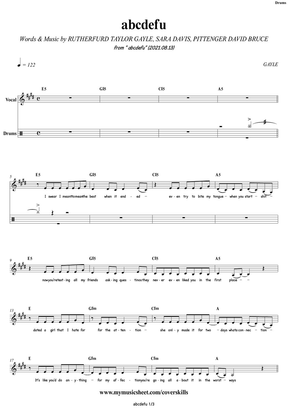 GAYLE - abcdefu (angrier) 樂譜 + 單線譜 by COVER SKILLS