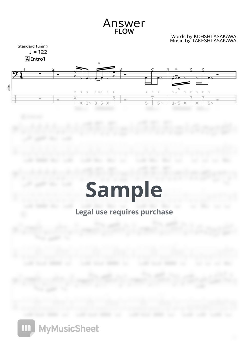 FLOW - Answer Tab + 단선 악보 by たぶべー＠財布に優しいベース楽譜屋さん（BASS・TAB譜）