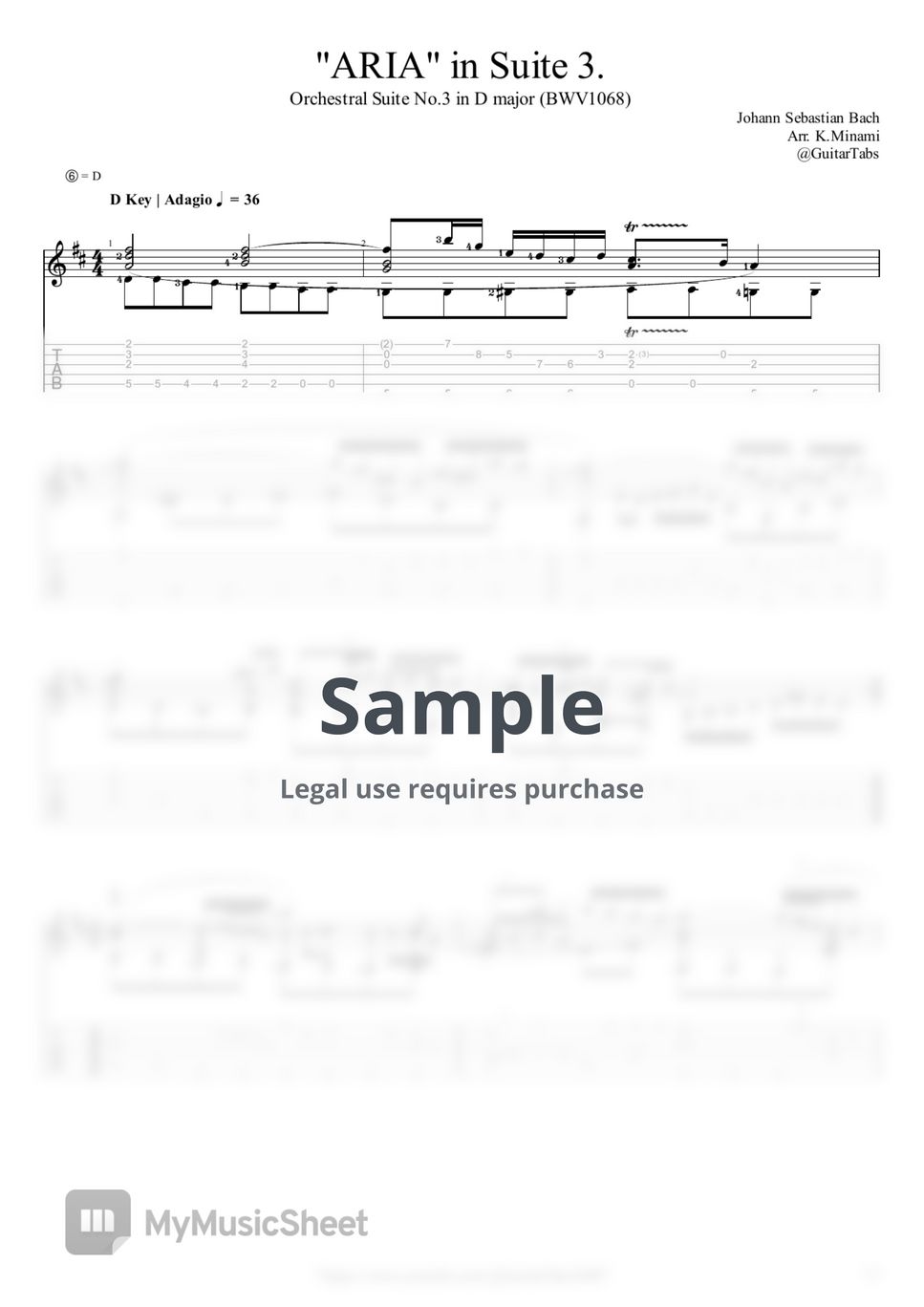 J.S. Bach - ARIA in Suite 3.(Air On G String, BWV1068) (오선+타브+운지(Staff ...