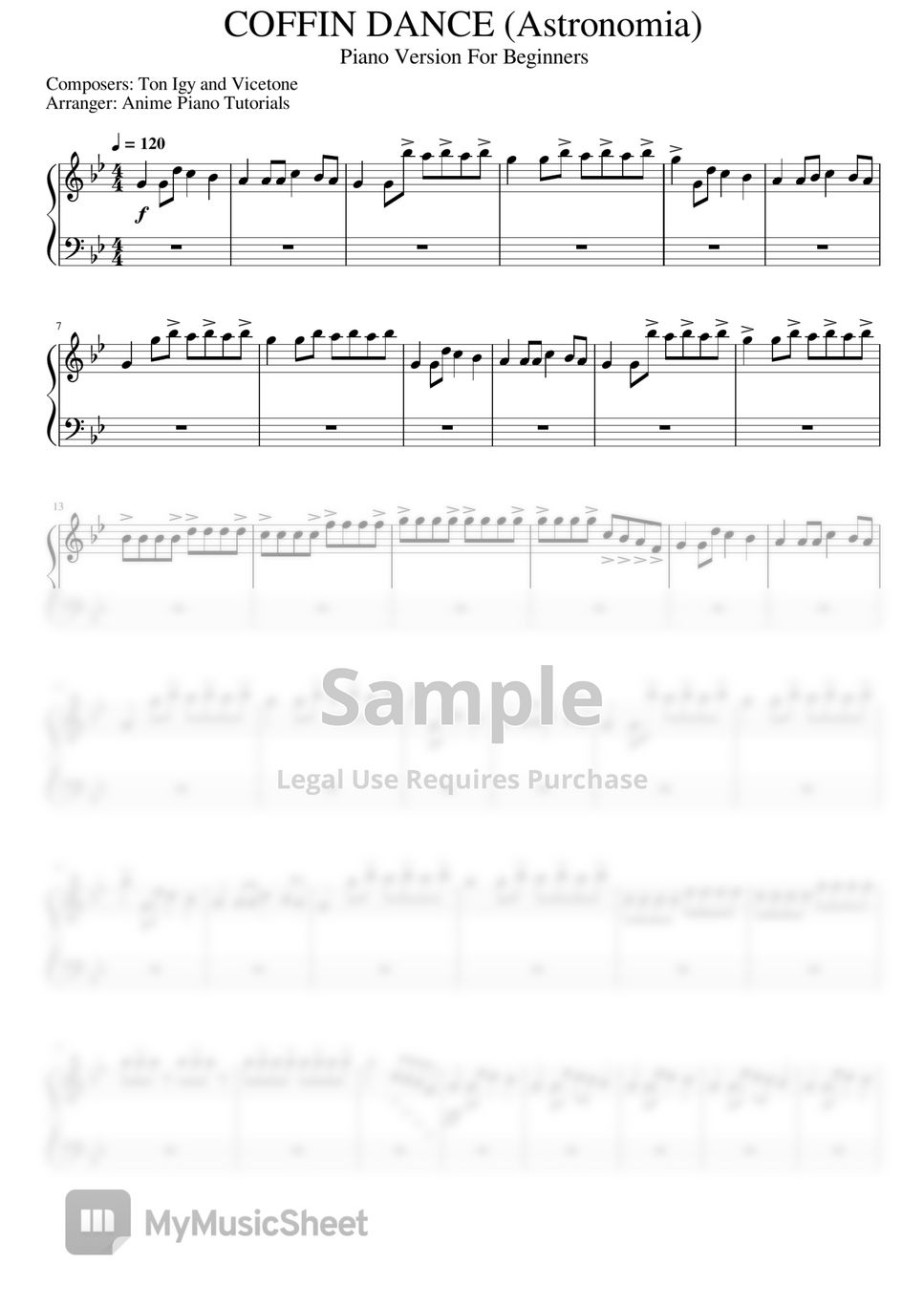 Ton Igy and Vicetone - COFFIN DANCE (Beginner) 楽譜 by Anime Piano Tutorials