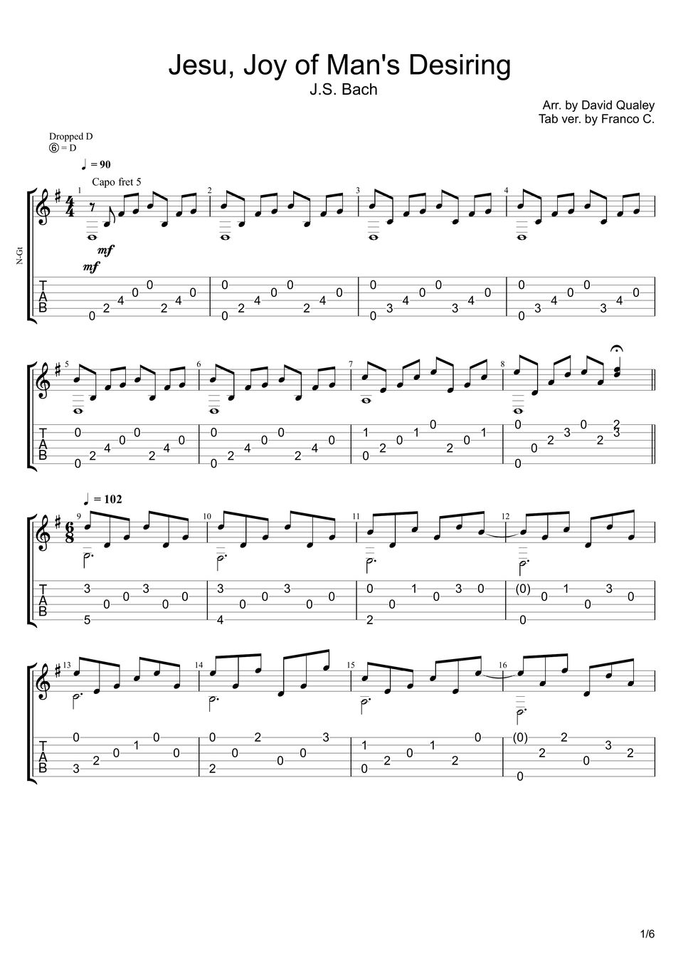 J S Bach Jesu Joy Of Mans Desiring Guitar Solo Tab 1staff By