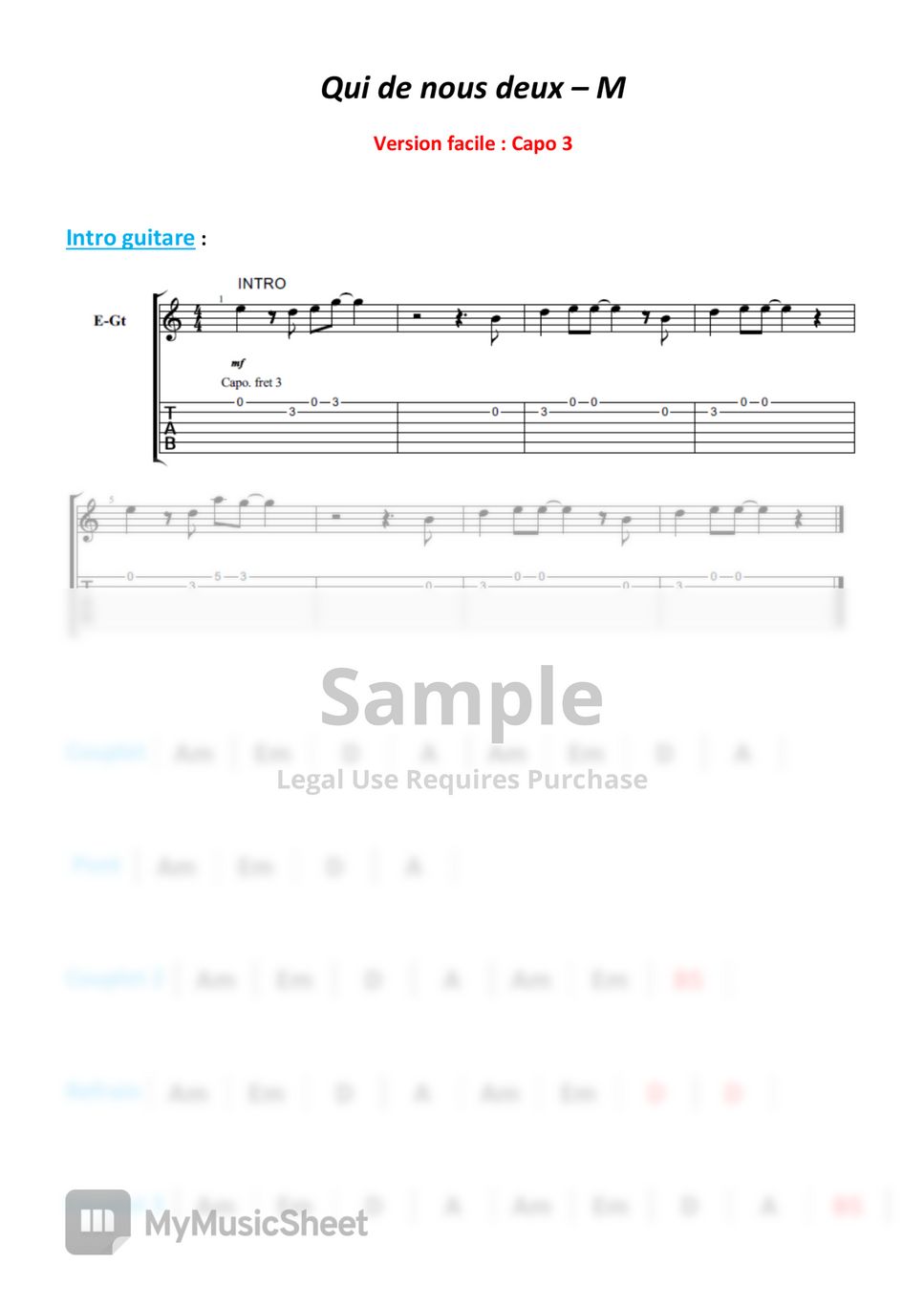 Mathieu Chedid - Qui de nous deux Sheet Music by Intro ( tab) - Accords ...