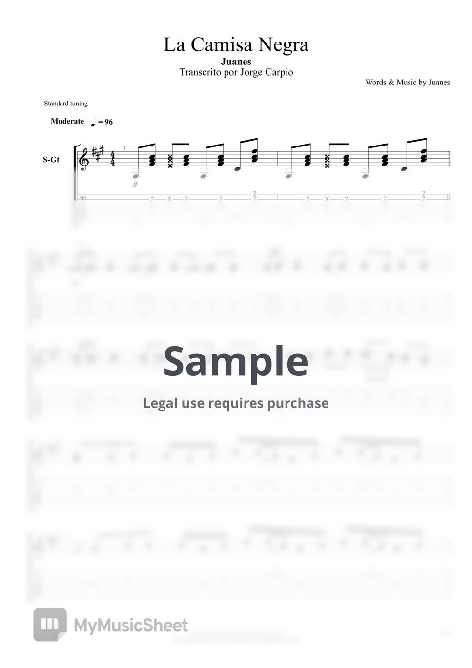 Juanes - La Camisa Negra (Arreglo de guitarra eléctrica) Hoja by Jorge ...