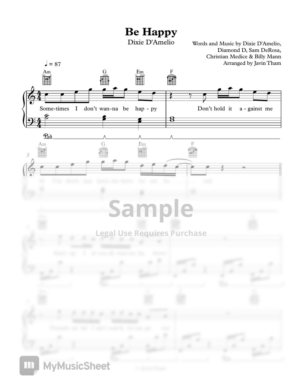 Dixie D'Amelio - Be Happy 악보 by Javin Tham