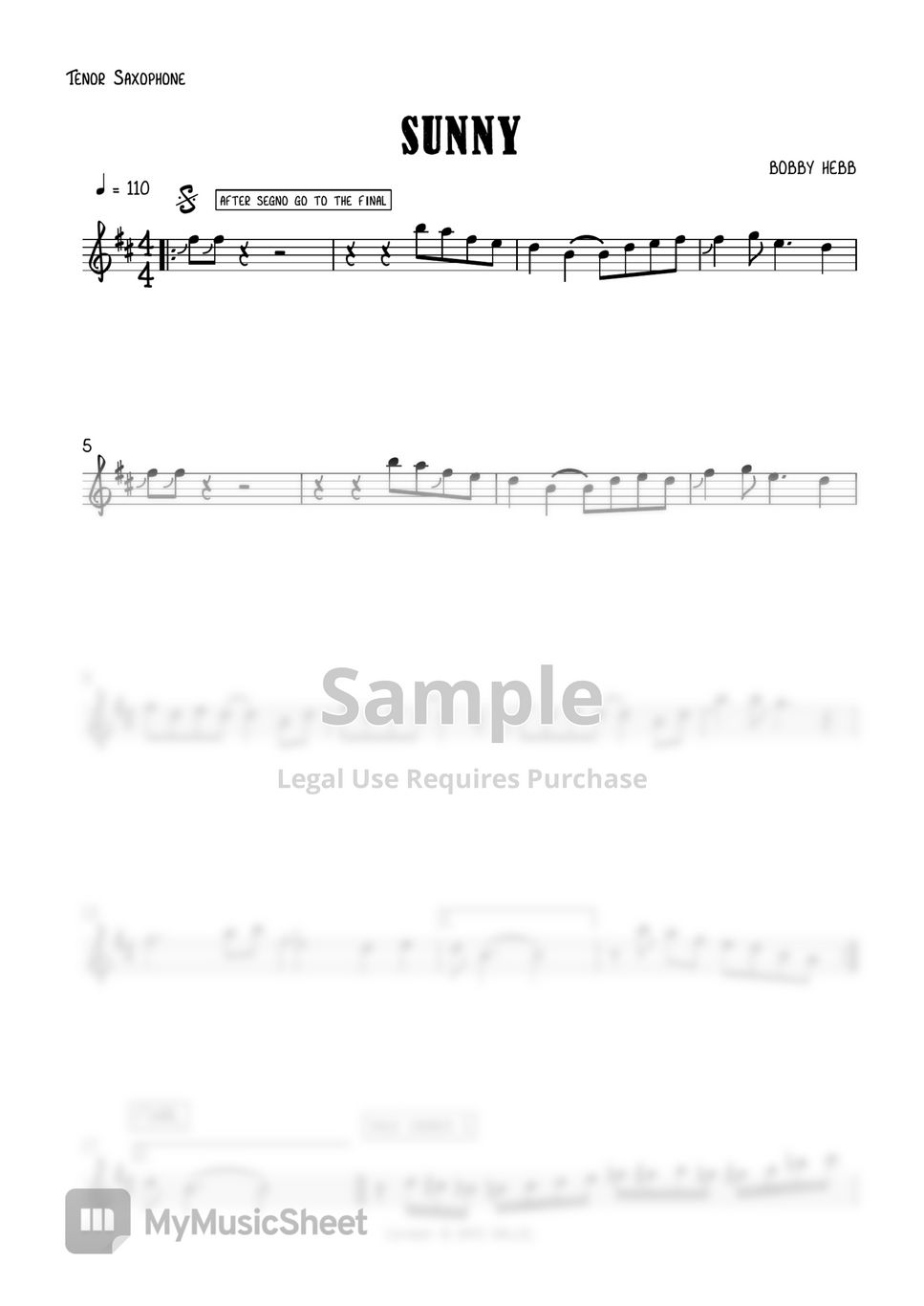 Bobby Hebb - Sunny - Bb Tenor Saxophone Sheets