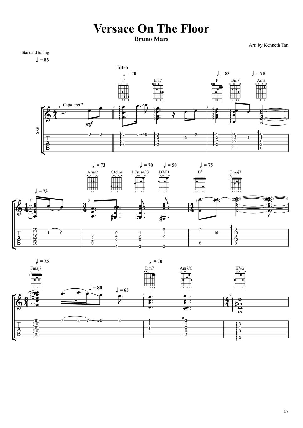 Bruno Mars | Fingerstyle Guitar - Versace On The Floor Sheets by ...