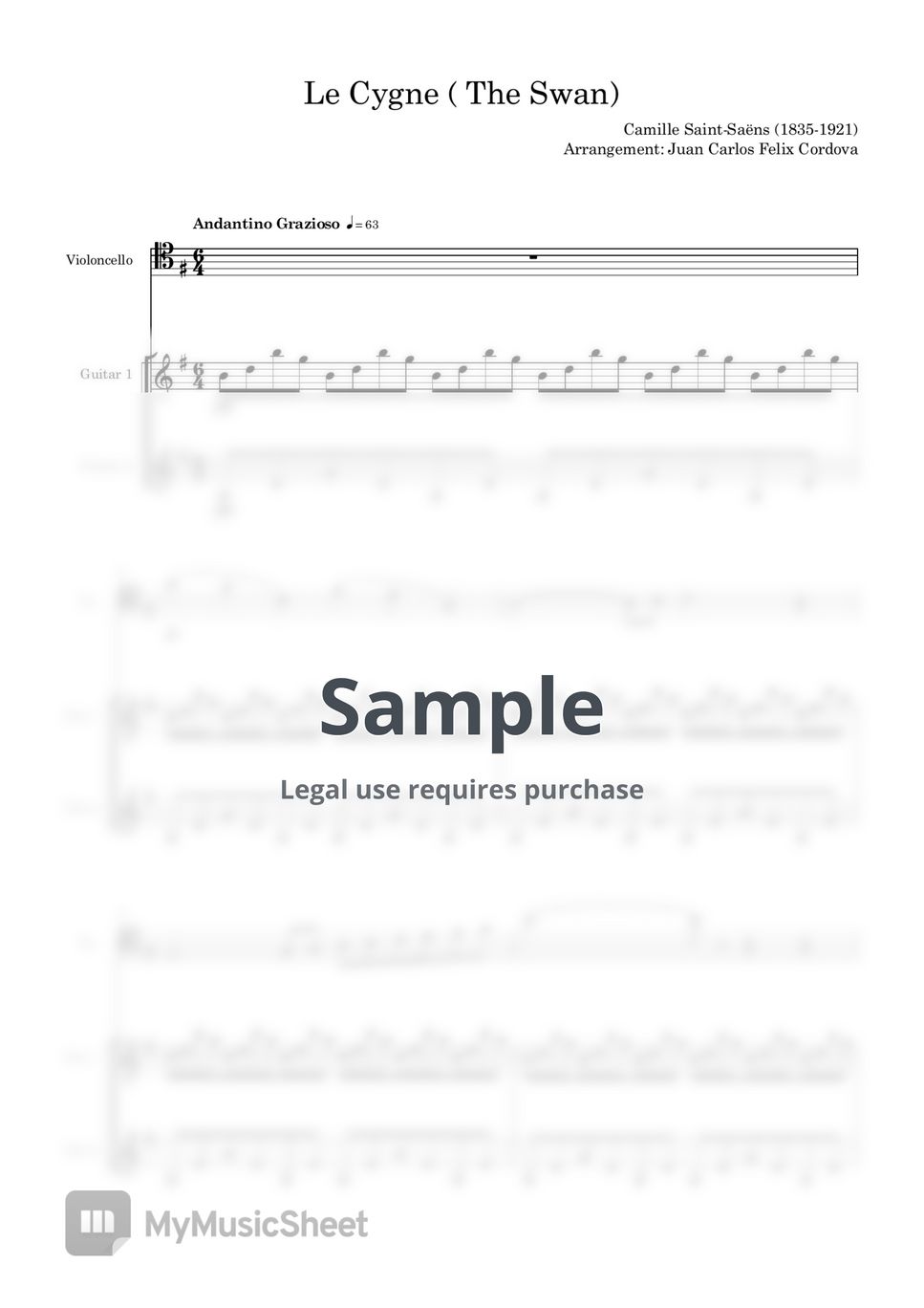 Camille Saint-Saëns - Le Cygne for 2 guitar and cello Sheet Music by Juan Carlos Felix Cordova