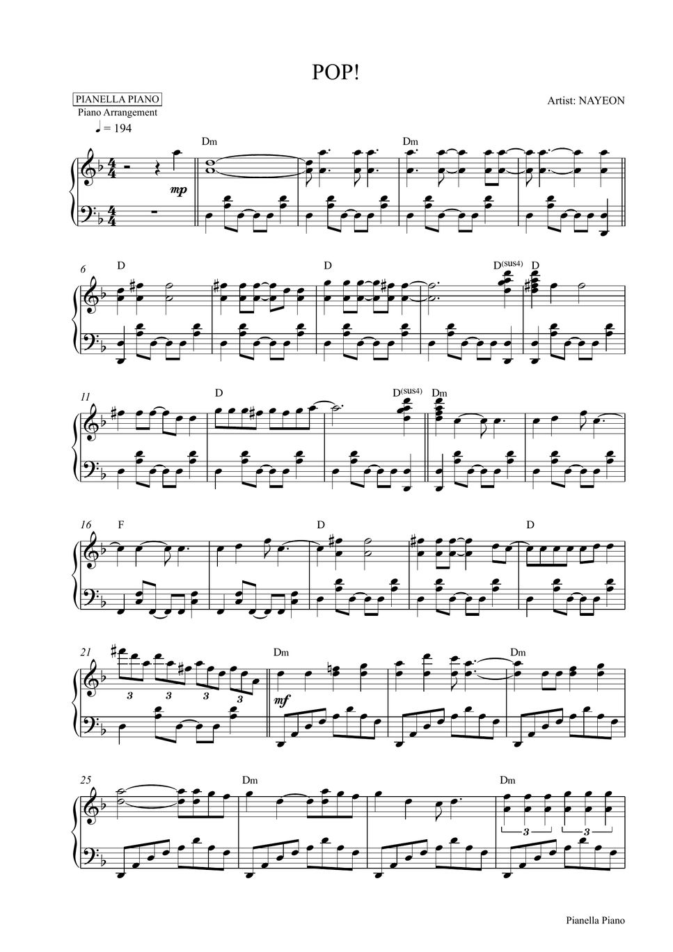 NAYEON - POP! (Piano Sheet) Sheet by Pianella Piano