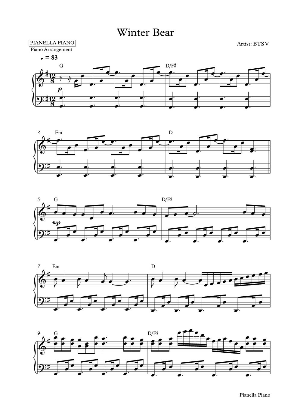 BTS V - Winter Bear (Piano Sheet) Sheet by Pianella Piano